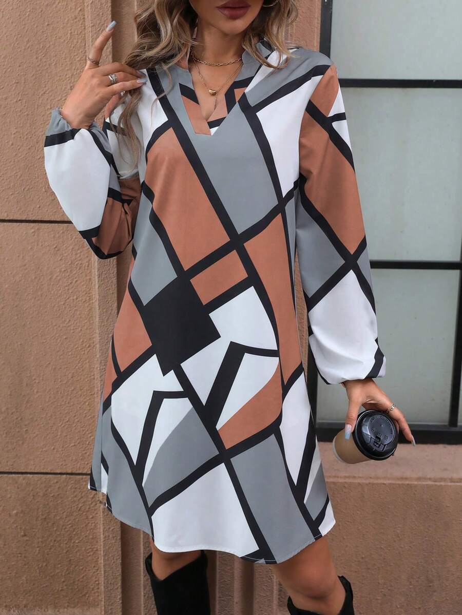 Shein Lune Geometric Pattern Lantern Sleeve Dress With Notched Neckline