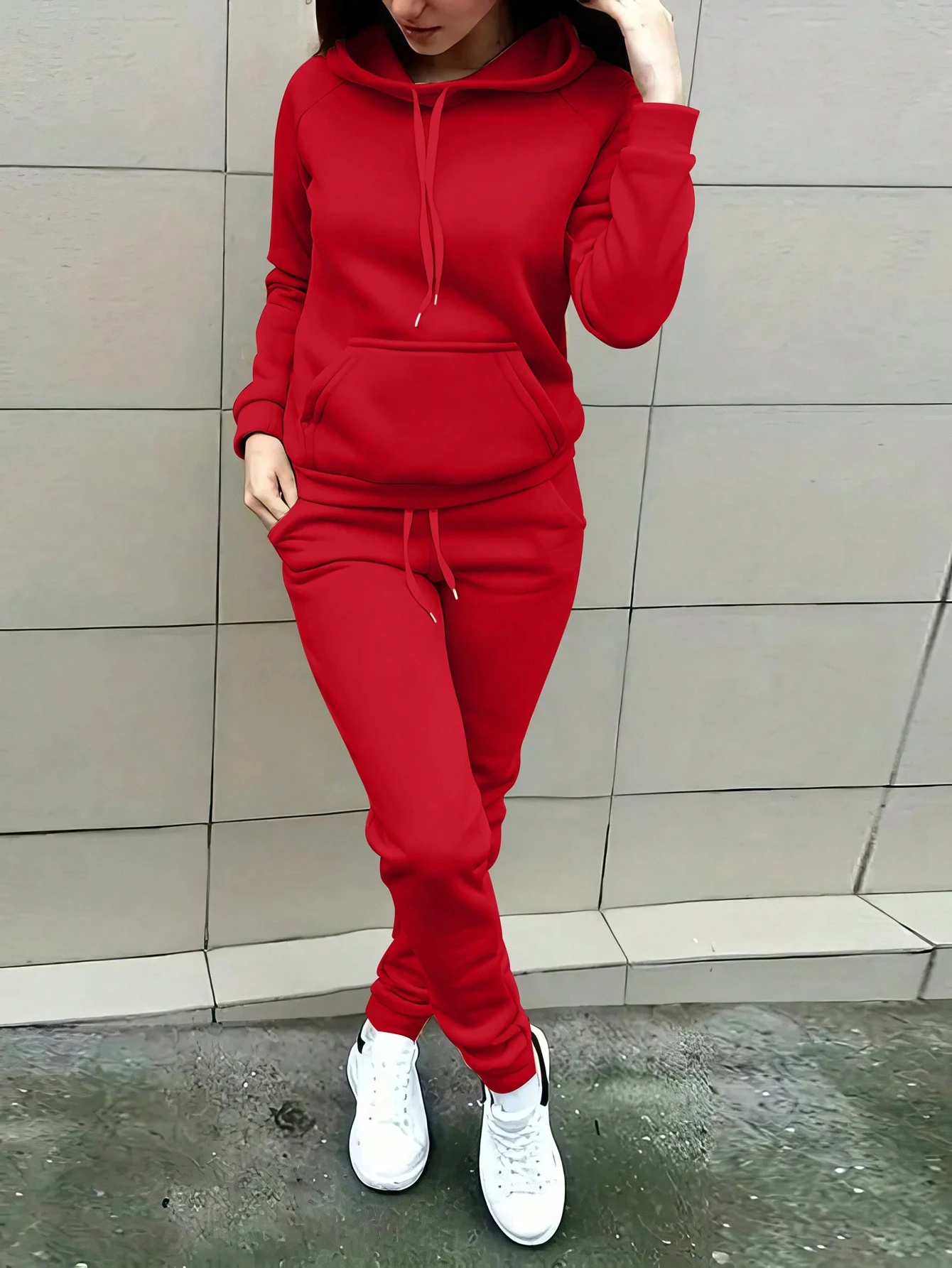 SHEIN EZwear Women's Solid Color Drawstring Hooded Sweatshirt And ...