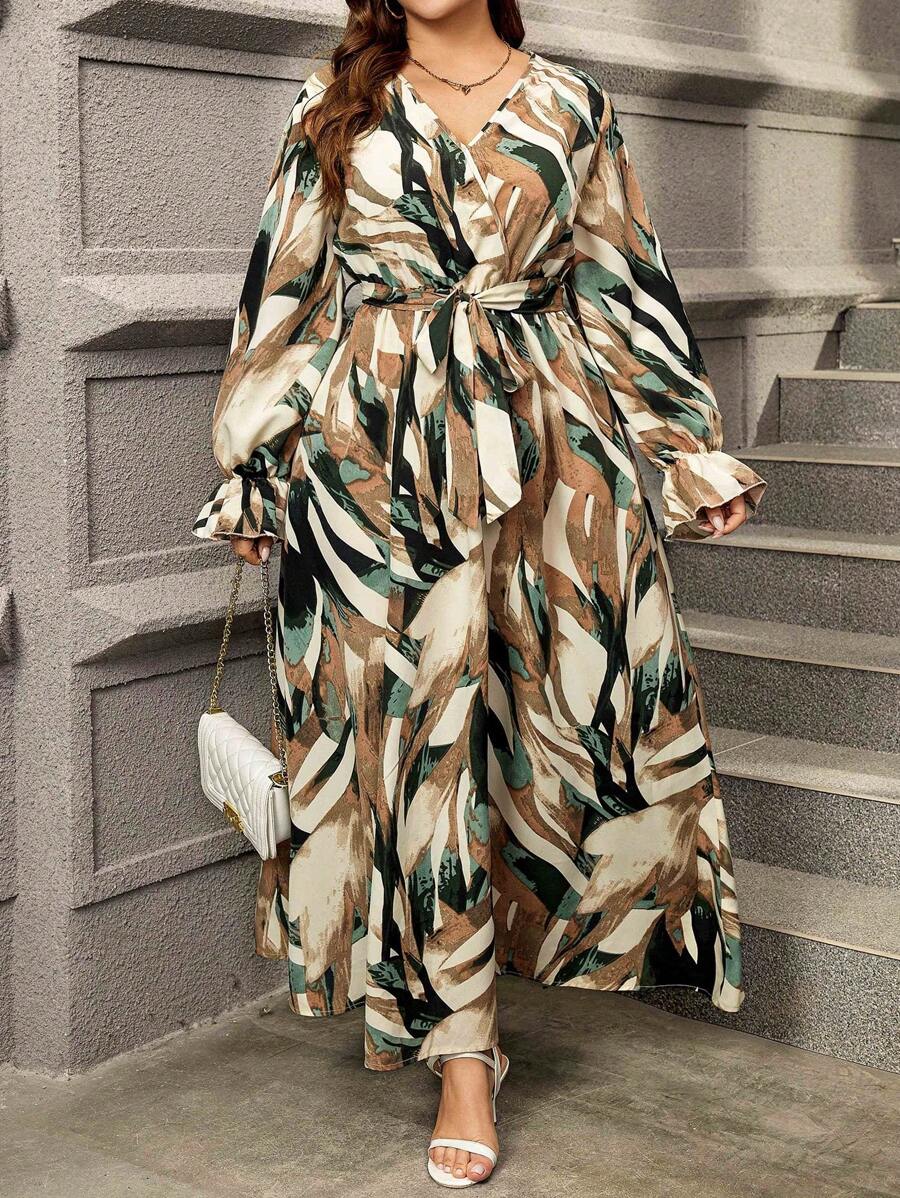 SHEIN Clasi Plus Size Full Print Ruffle Sleeve Dress Maxi Women Outfit ...