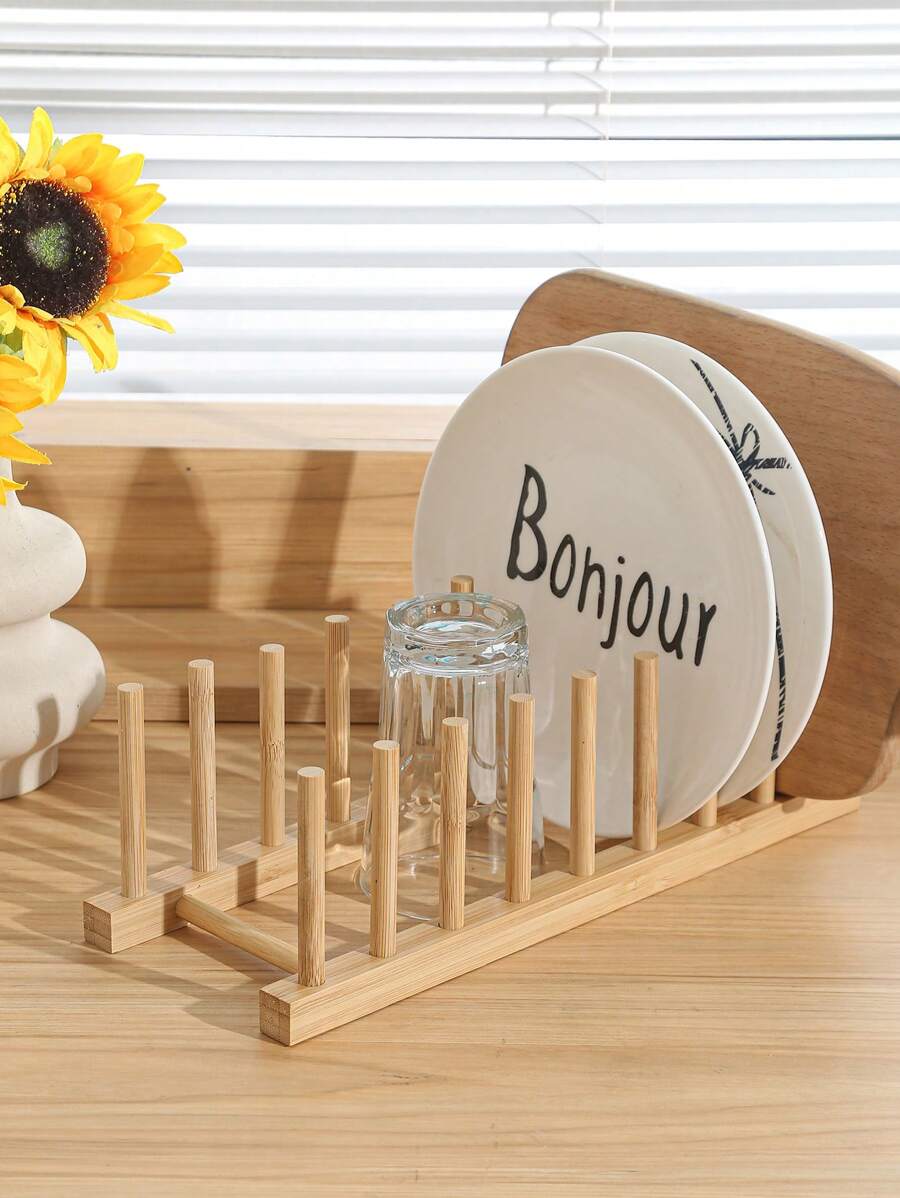 SHEIN Basic living 1Pc Bamboo Wooden Plate Racks Dish Stand Holder ...