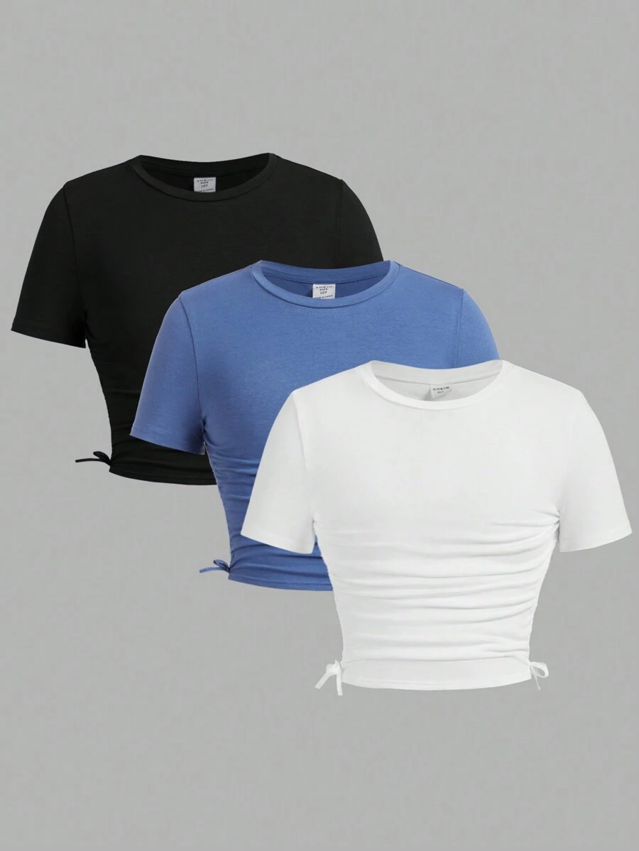 SHEIN Girlism Tween Girl Solid Color Round Neck Pleated Short Casual T ...