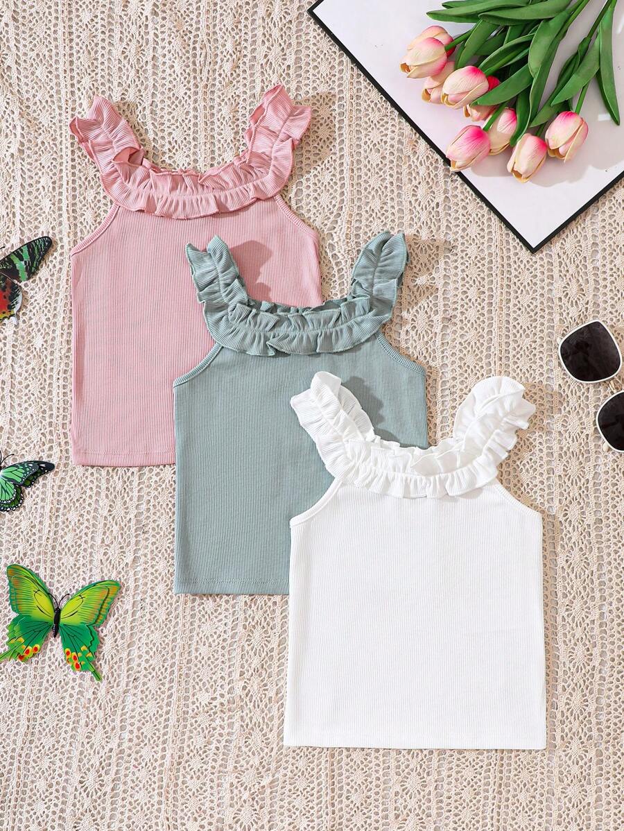 SHEIN Young Girl Toddler Girls' Knitted Ribbed Ruffle Edge Tank Top For ...