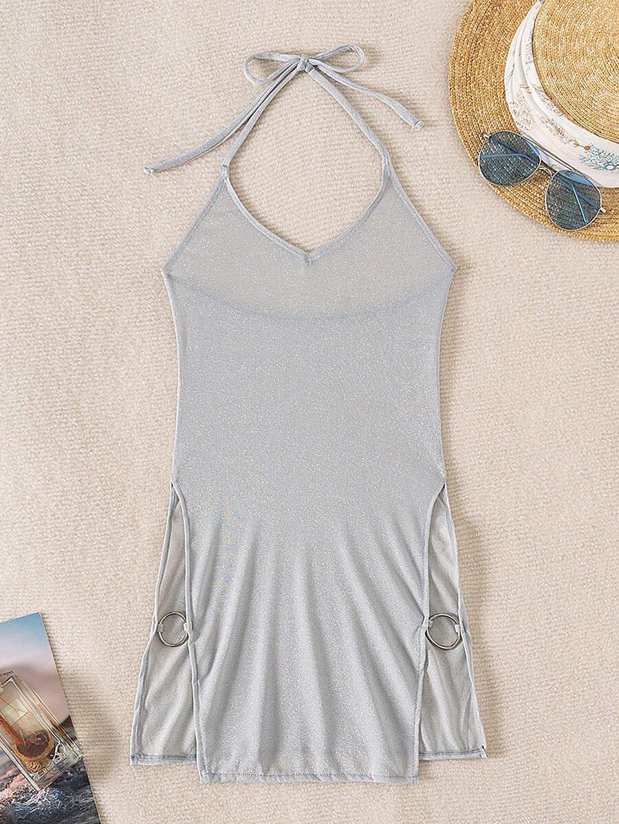 SHEIN Swim Women's Split Front Halter Neck Cover Up Dress, For Summer ...