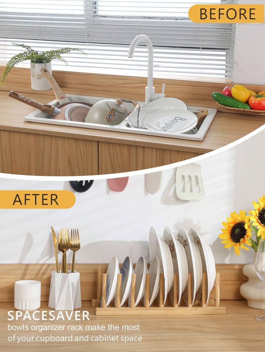 SHEIN Basic living 1Pc Bamboo Wooden Plate Racks Dish Stand Holder ...