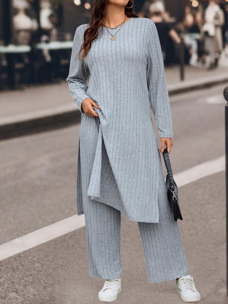 Shein Lune Plus Size Solid Color Rib Knit Two Piece Set Shein Usa