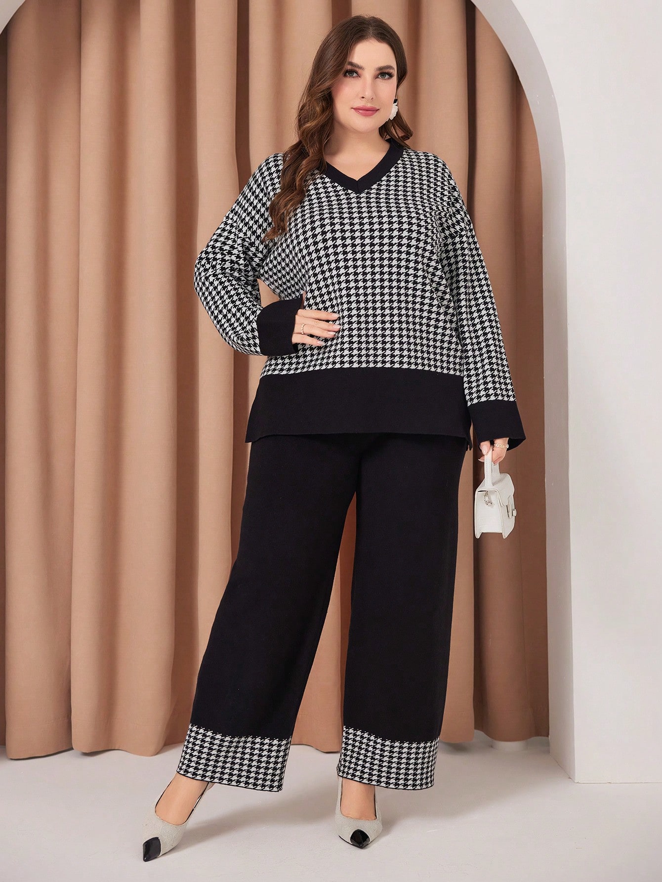 SHEIN Mulvari Plus Size Houndstooth V-Neck Sweater Set | SHEIN USA
