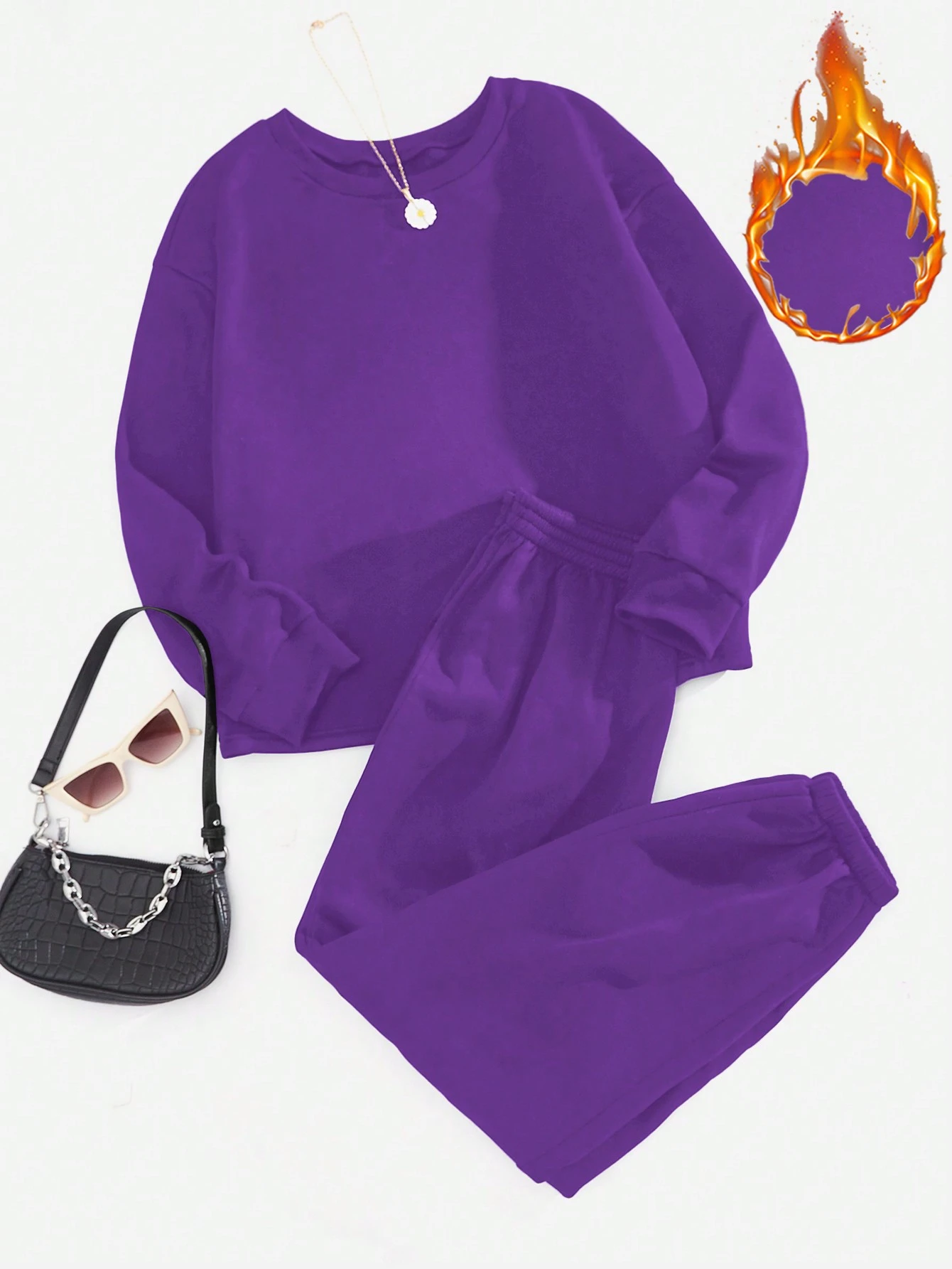 Shein Ezwear Plus Size Solid Color Round Neck Long Sleeves Fleece Lined
