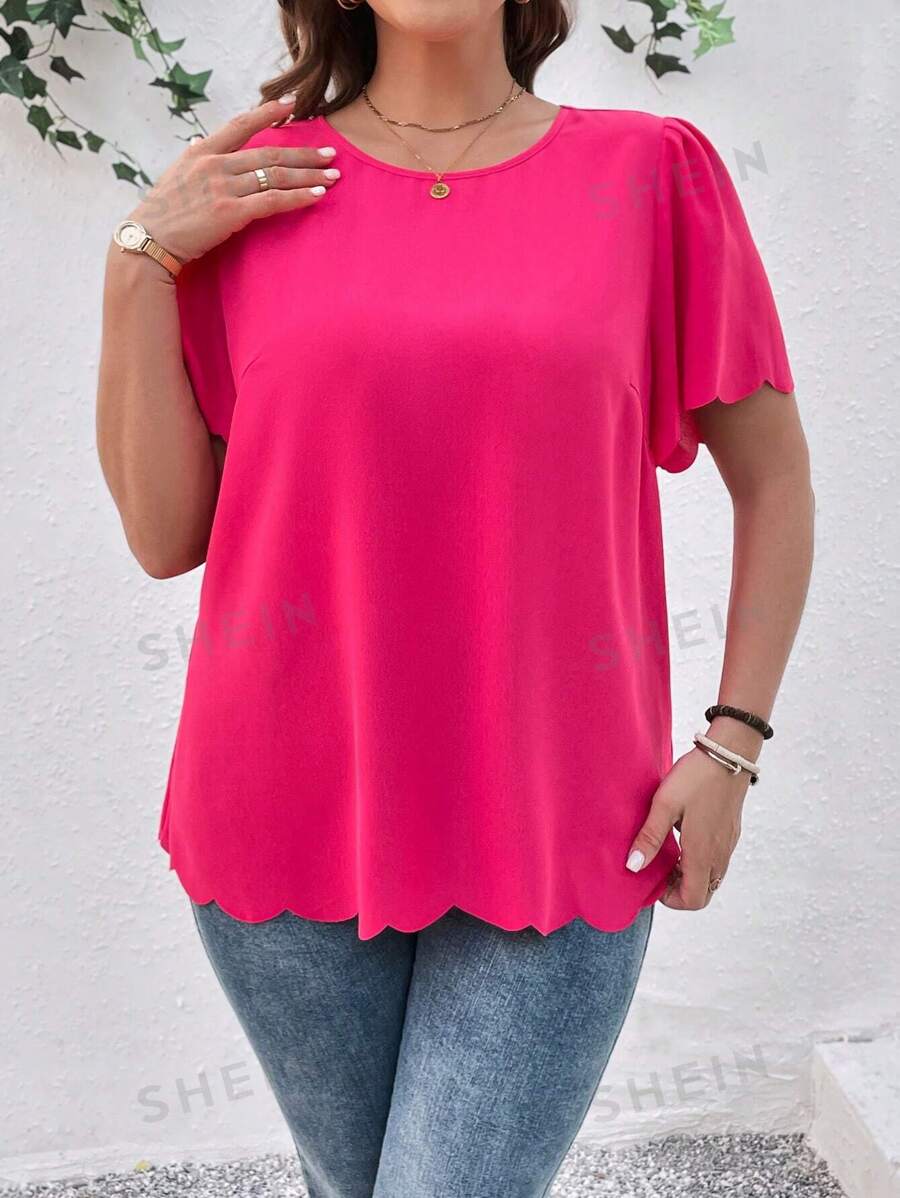 SHEIN LUNE Plus Size Pink Shirt With Shell Edge Detailing For Valentine ...
