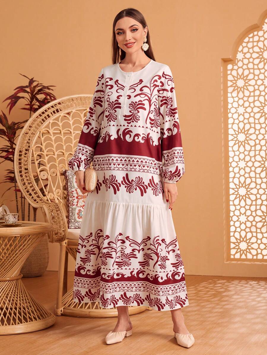 Mulvari Floral Print Long Sleeve Dress With Ruffled Hem | SHEIN USA