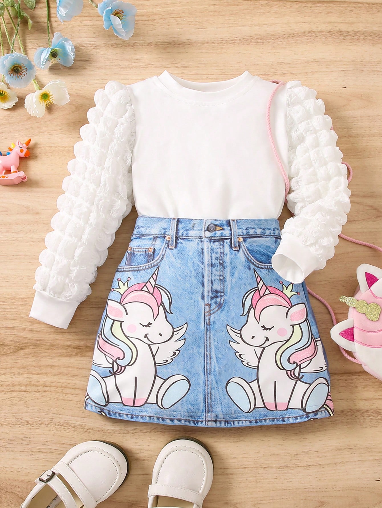 SHEIN Kids Y2Kool Toddler Girls' Simple Bubble Sleeve Top And Unicorn ...