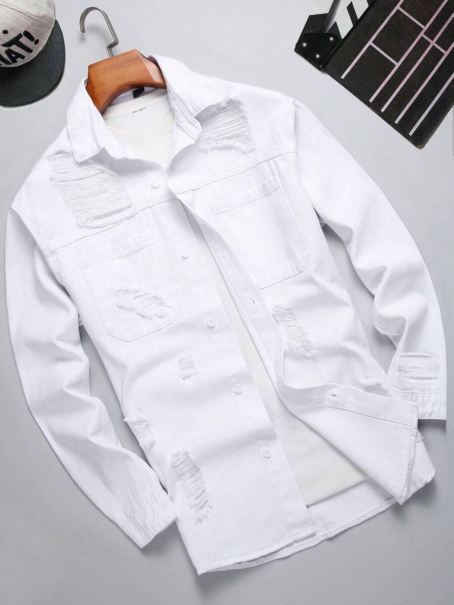 Manfinity LEGND Men Ripped Frayed Flap Pocket Denim Shirt Without Tee ...