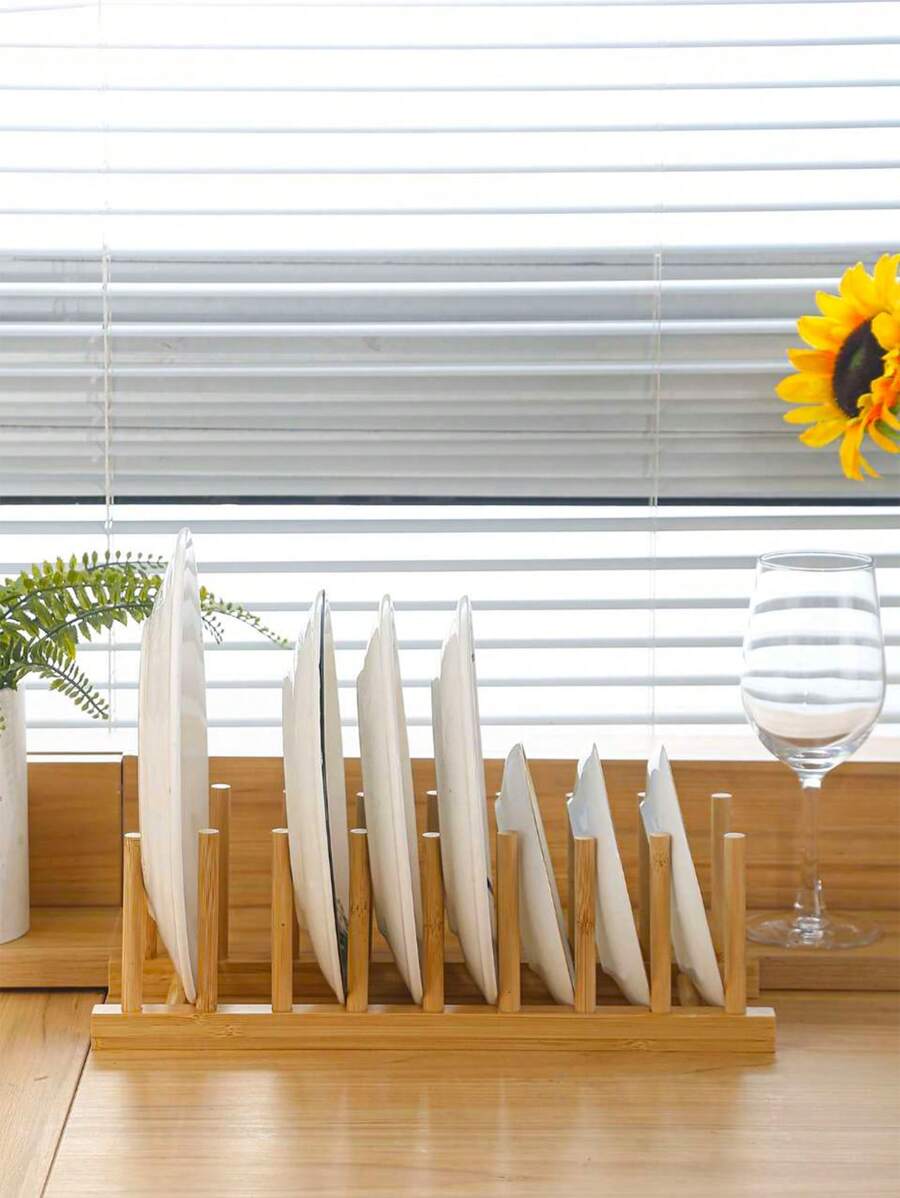 SHEIN Basic living 1Pc Bamboo Wooden Plate Racks Dish Stand Holder ...