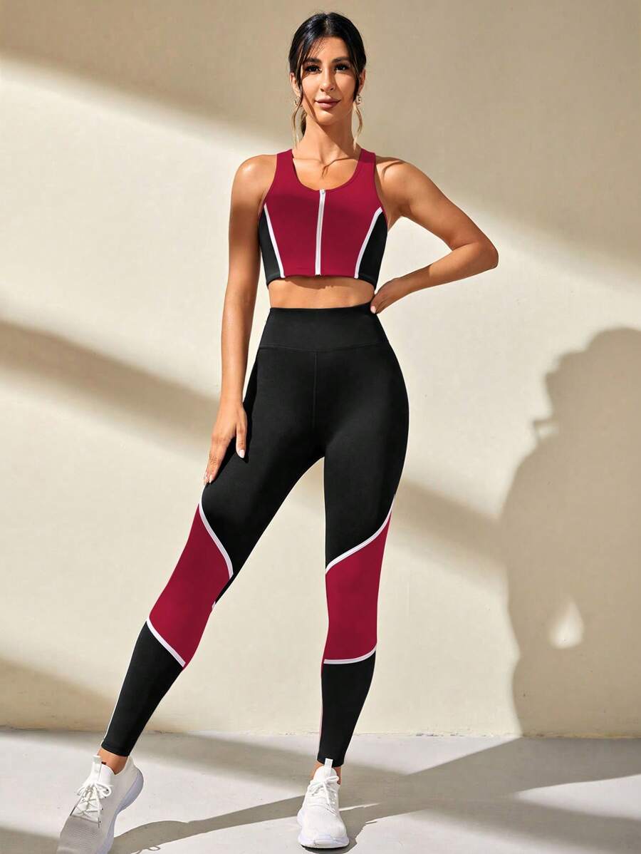 SHEIN Yoga Futuristic Color Block Zipper Trim Sleeveless Top And Leggings Sportswear Set | SHEIN USA
