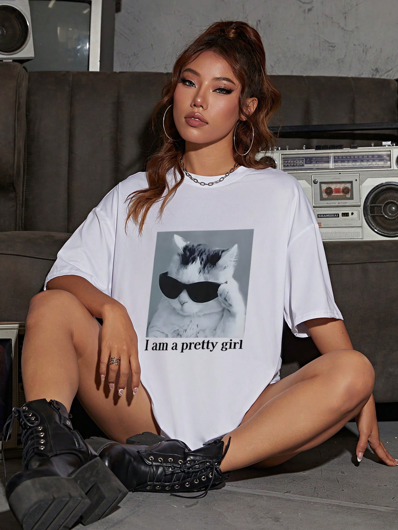 SHEIN EZwear Short Sleeve T-Shirt With Printed Cat Slogan I Am A Pretty ...
