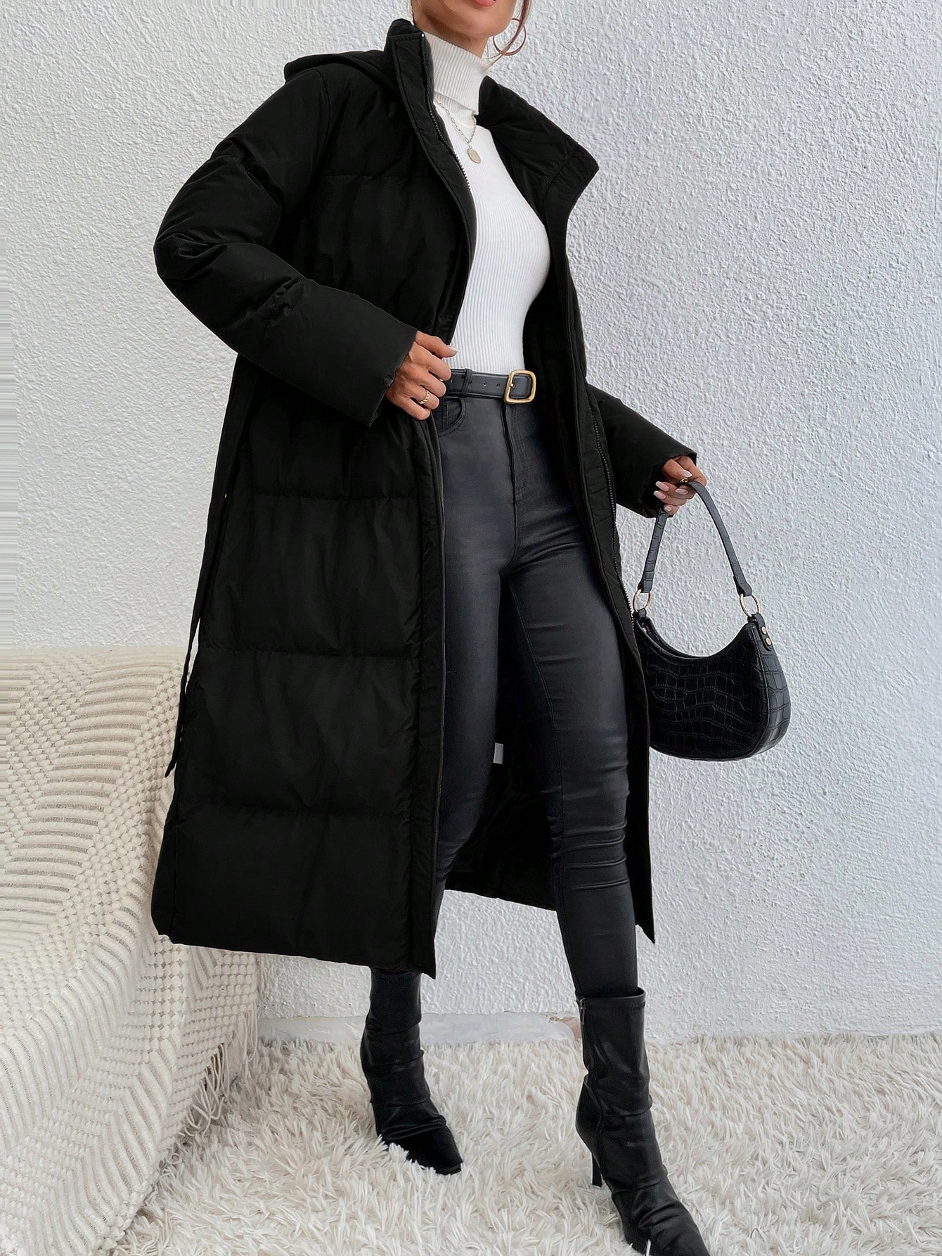 SHEIN Frenchy Solid Color Hooded Belted Long Black Padded Jacket | SHEIN UK