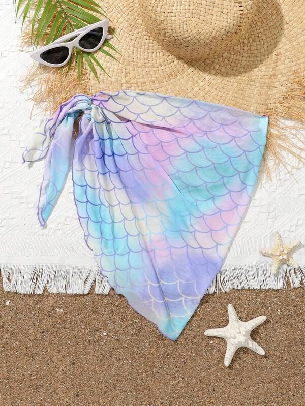 Tween Girls Ombre Mermaid Scale Pattern Poncho And Skirt Set | SHEIN UK