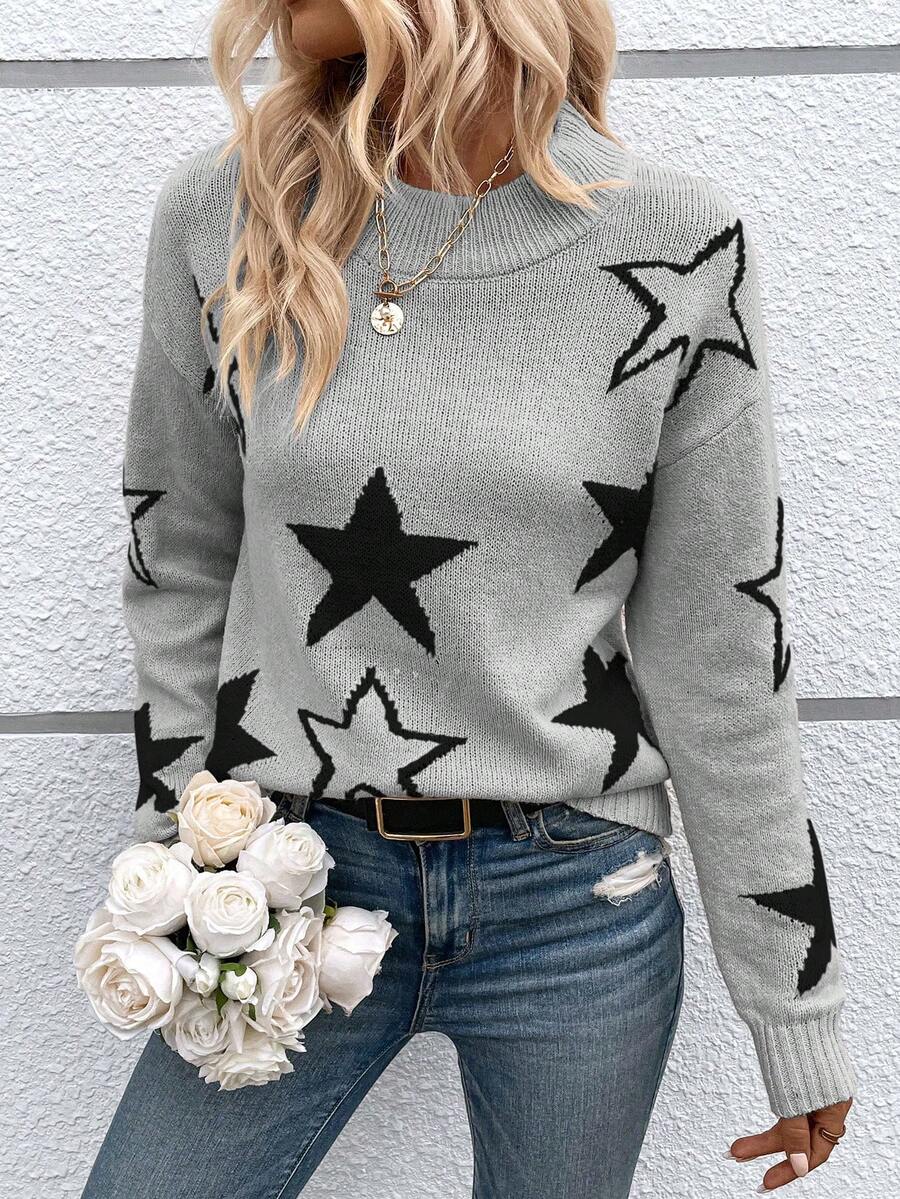 SHEIN Frenchy Casual Oversized Sweater With Star Pattern And Drop ...
