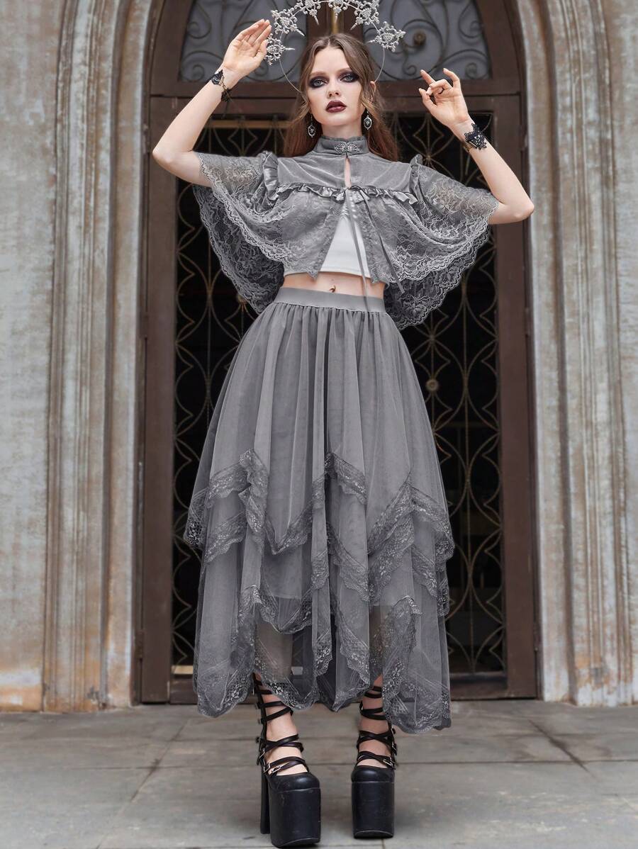 ROMWE Goth Lace Trim Mesh Overlay Skirt | SHEIN USA