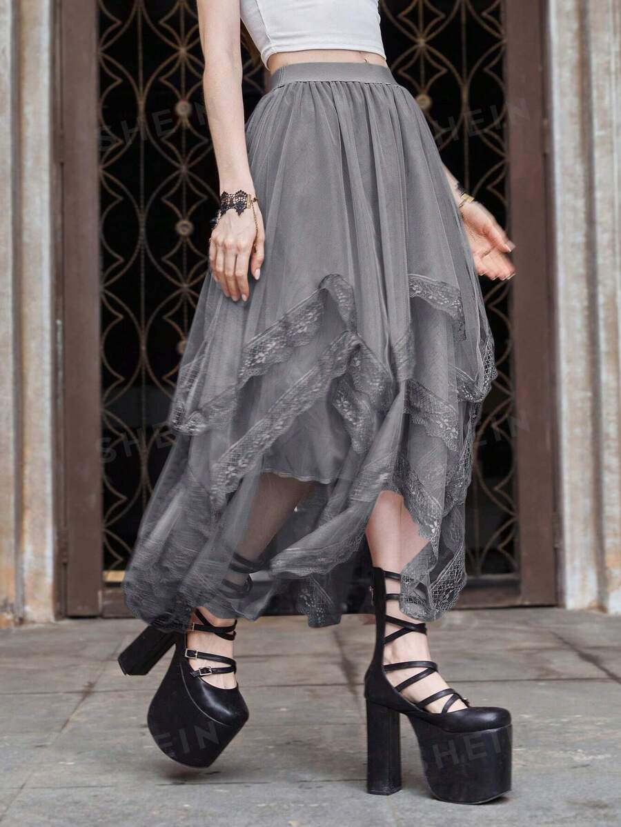 ROMWE Goth Lace Trim Mesh Overlay Skirt | SHEIN USA