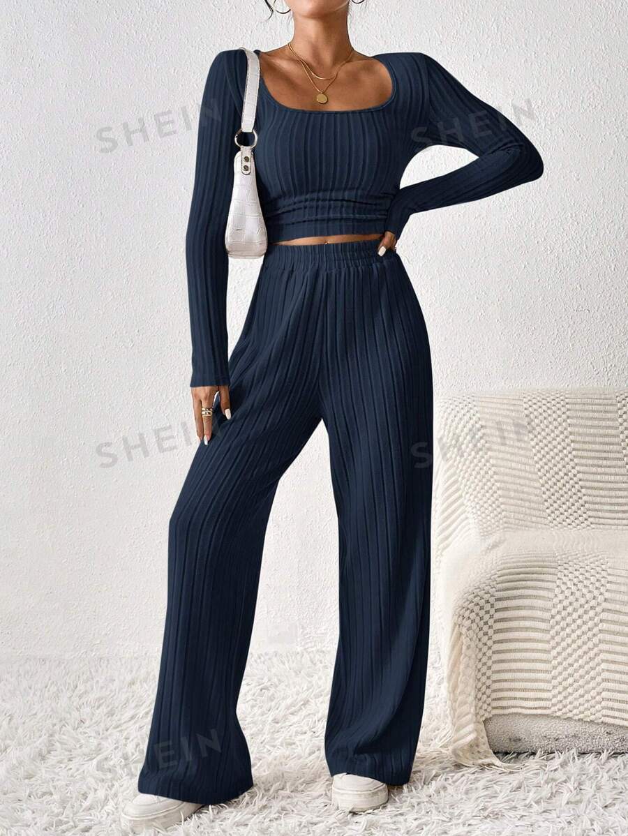SHEIN Frenchy Women's Crop Top And Long Pants Striped Textured Fabric ...