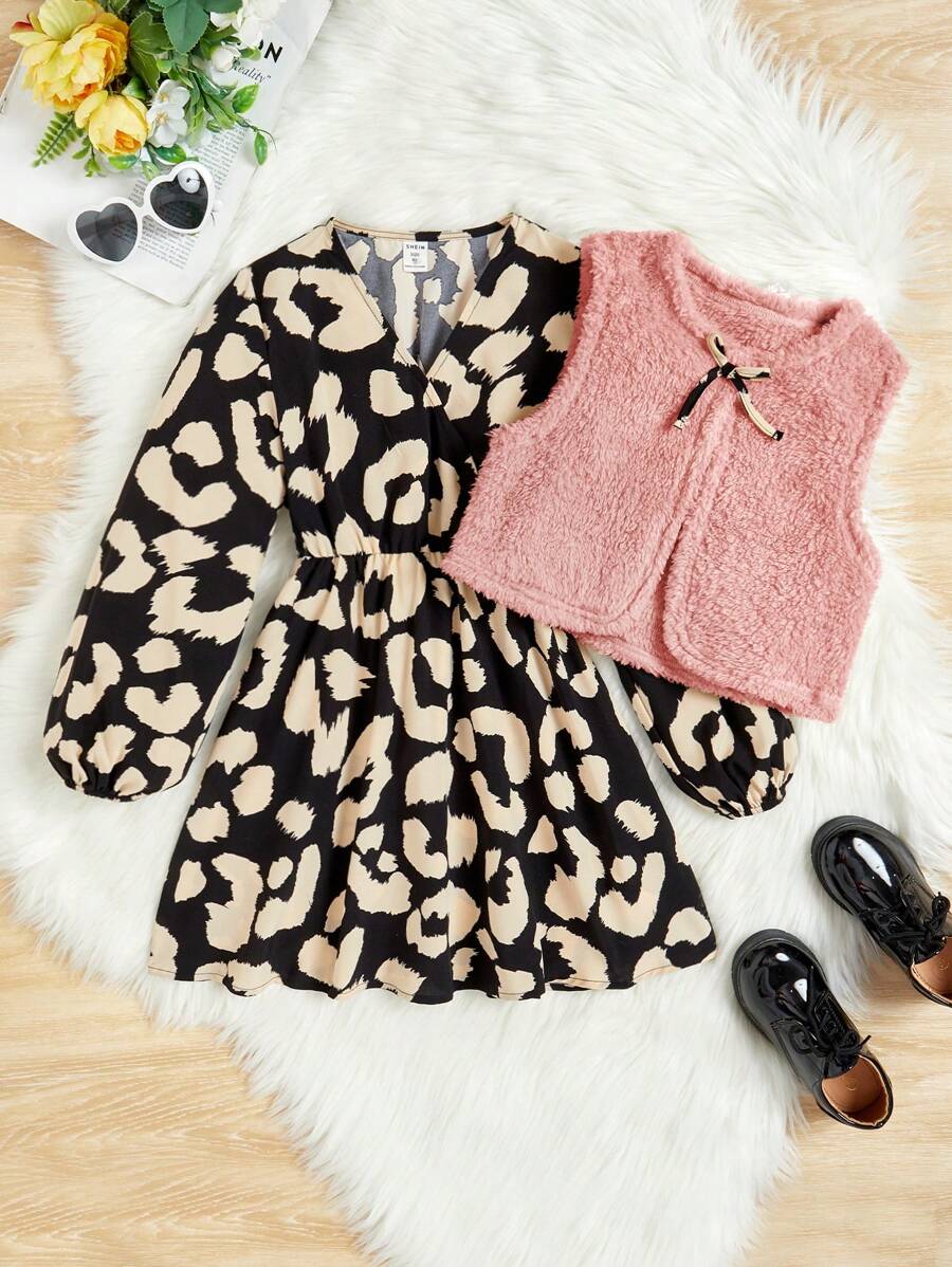 SHEIN Tween Girls' Leopard Print Dress And Knit Solid Color Vest Two ...