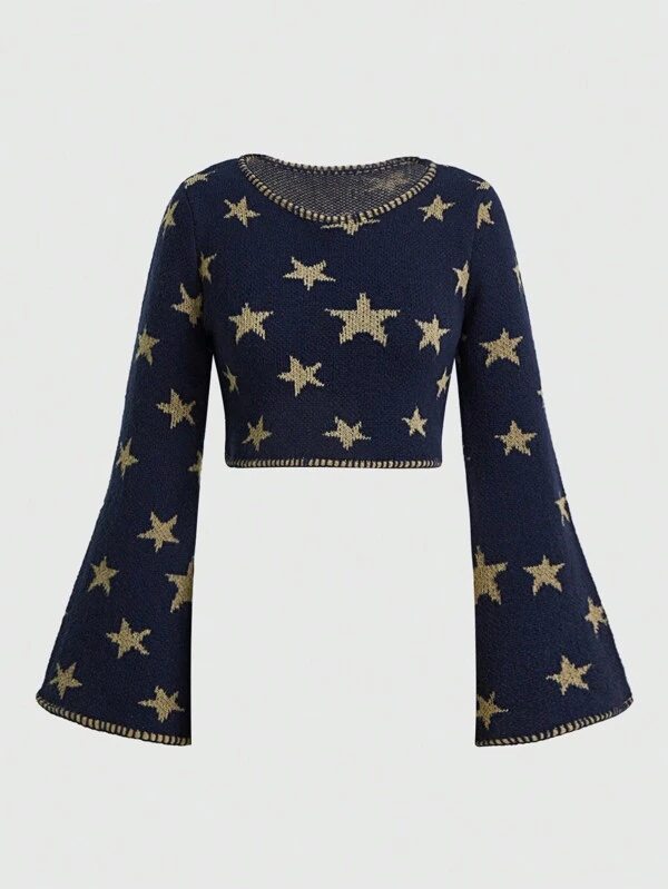 ROMWE Hippie Star Pattern Flare Sleeve Short Knitted Sweater | SHEIN USA