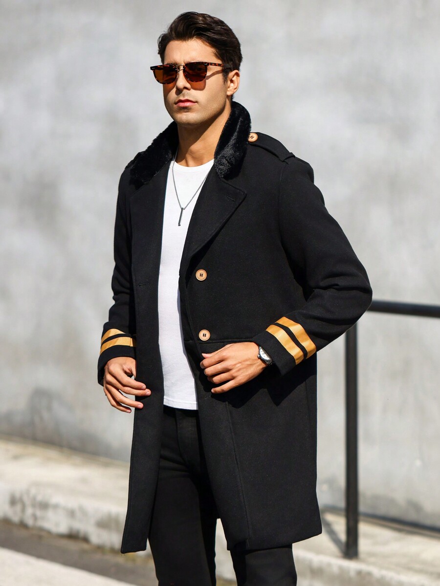 Manfinity Homme Men's Notched Collar Double Breasted Woolen Overcoat ...