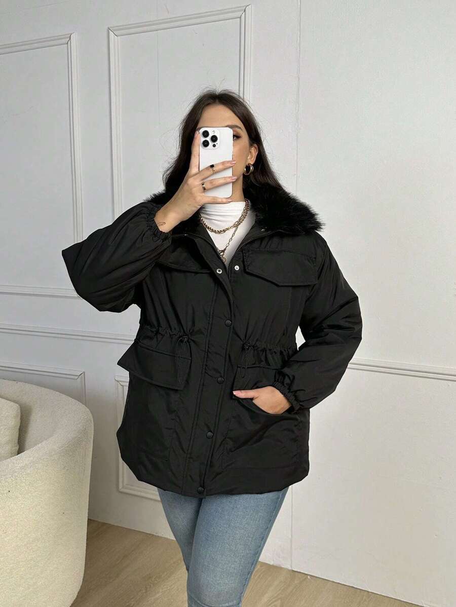 SHEIN LUNE Plus Size Fuzzy Trim Hooded Padded Coat | SHEIN USA