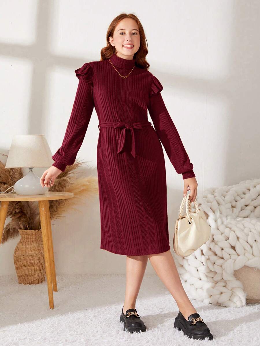 SHEIN Teen Girls' Knitted Turtleneck Cap Sleeve Dress With Belt And ...
