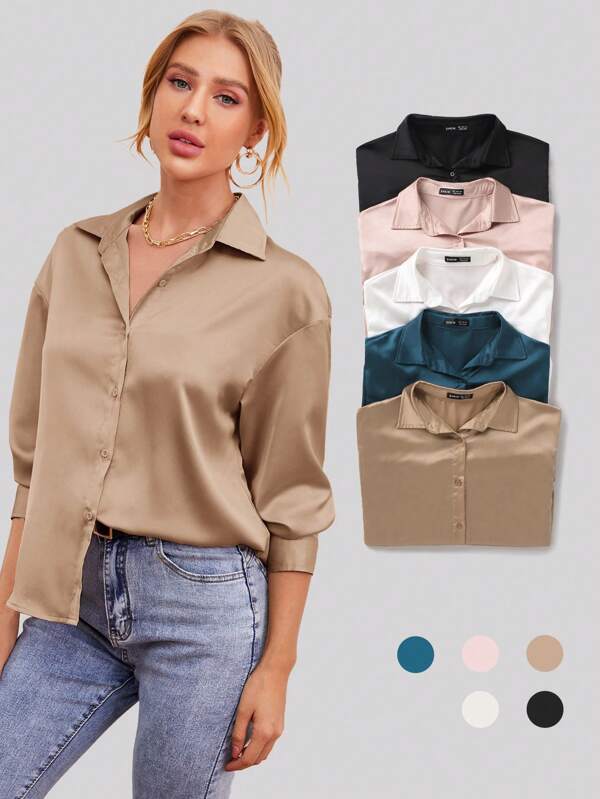 SHEIN BIZwear Drop Shoulder Satin Shirt Workwear | SHEIN USA