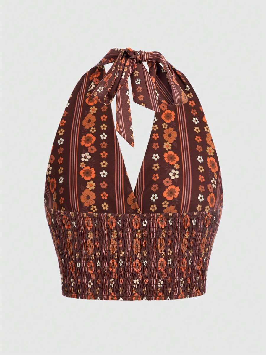 ROMWE Hippie Floral Pattern Halter Neck Backless Camisole Top | SHEIN UK