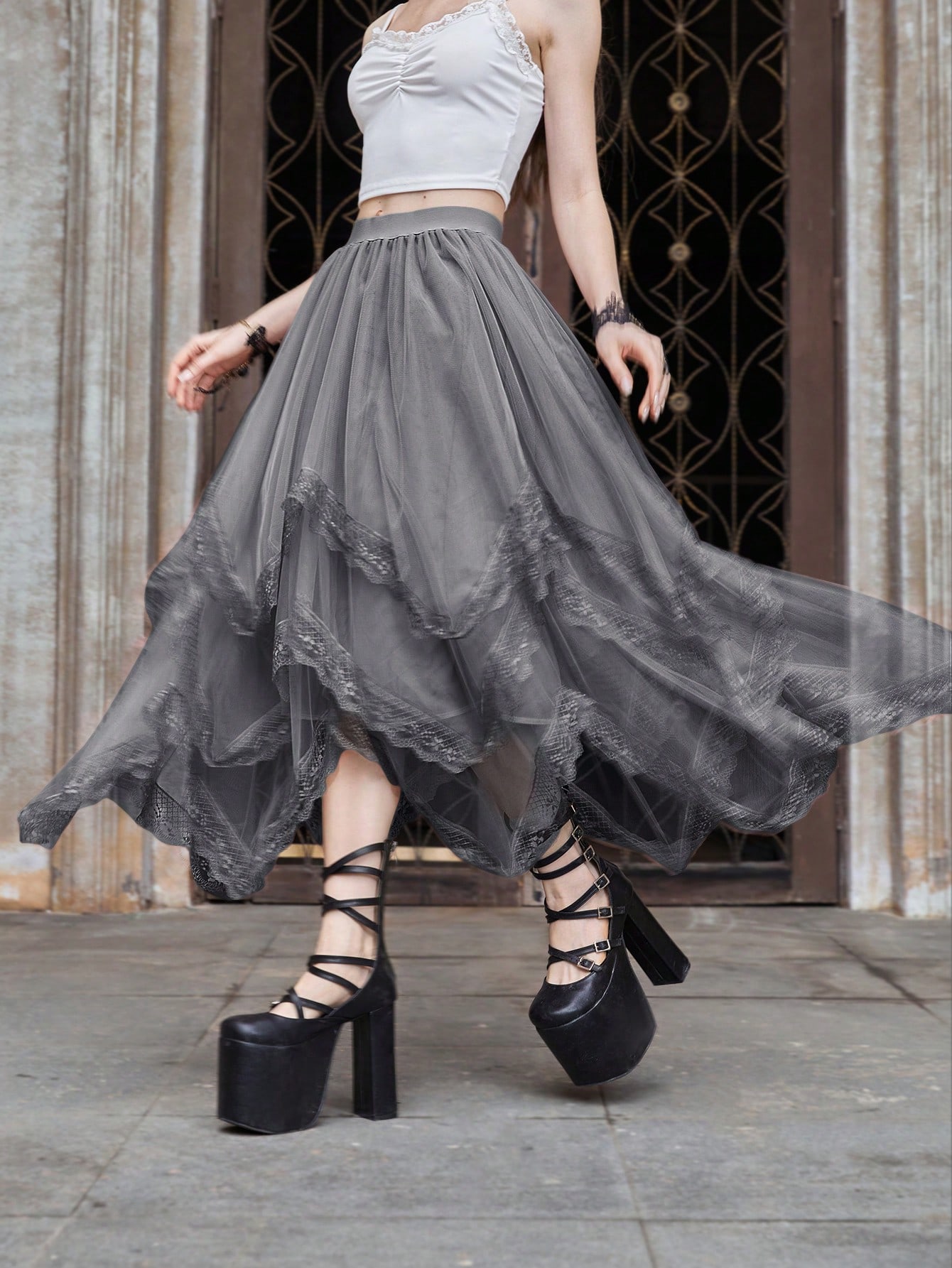 ROMWE Goth Lace Trim Mesh Overlay Skirt | SHEIN USA