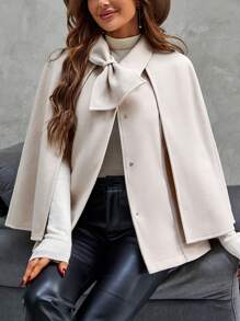 SHEIN Franclia Plus Size Cape Coat With Bow Decoration, Made Of Woolen ...