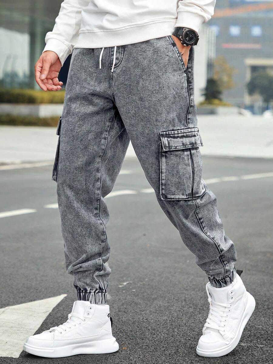 Manfinity Homme Men's Drawstring Waist Cargo Denim Pants With Slanted ...