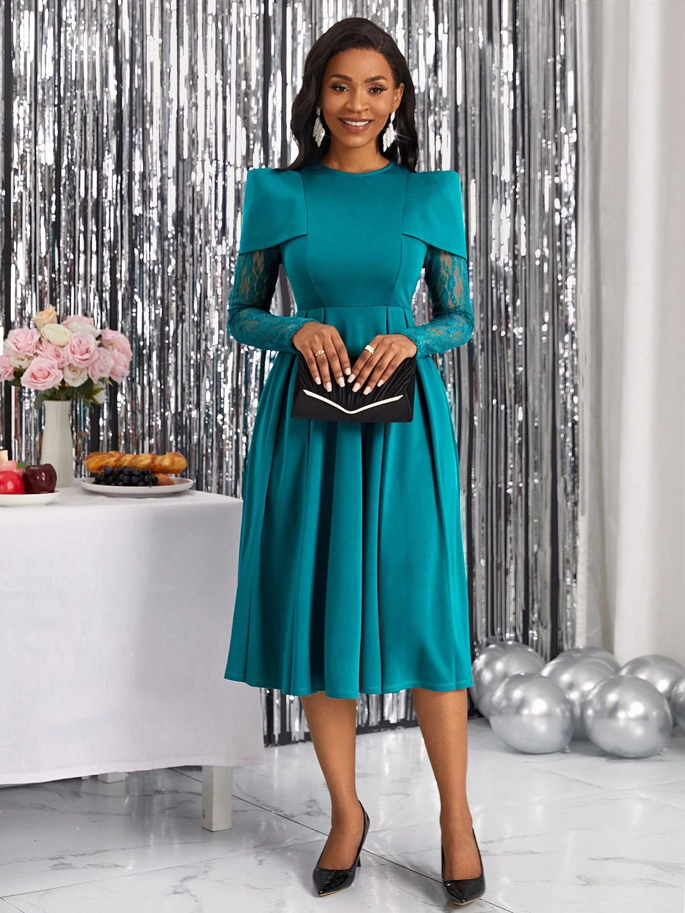 SHEIN Lady Women's Lace Splicing Dress With Angled Pockets Dress For ...