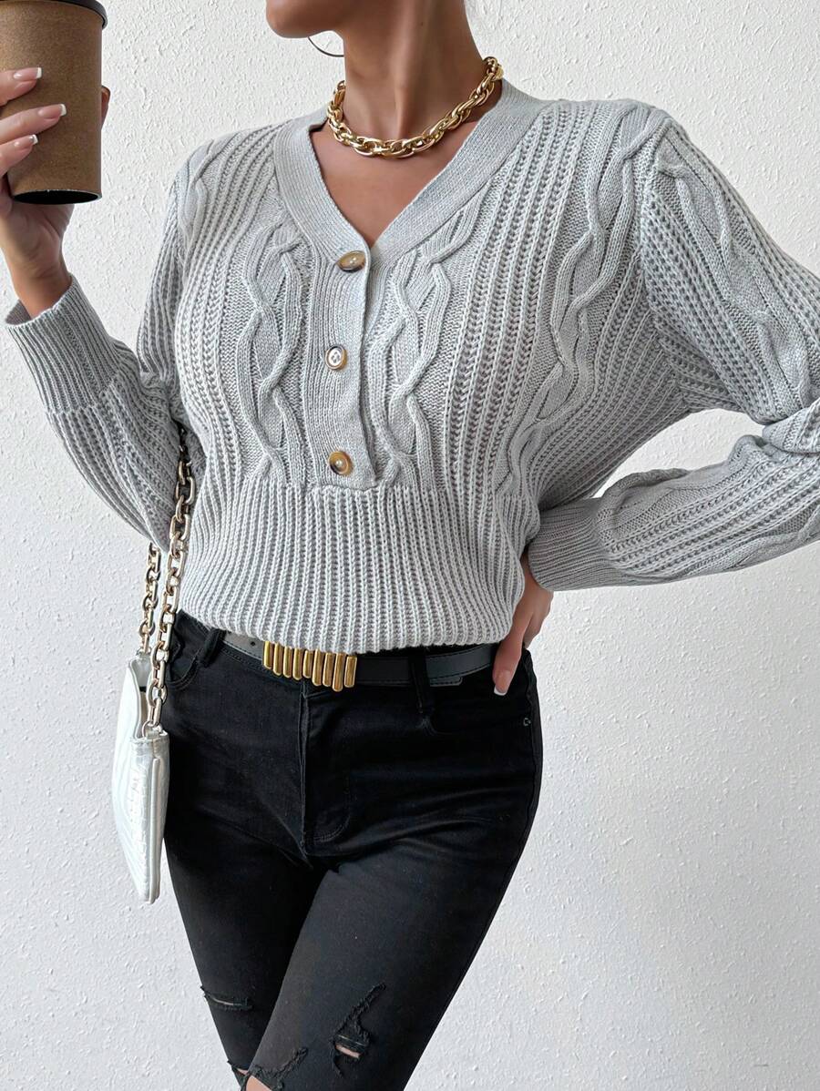 SHEIN LUNE V-neck Long Sleeve Casual Pullover Sweater | SHEIN UK