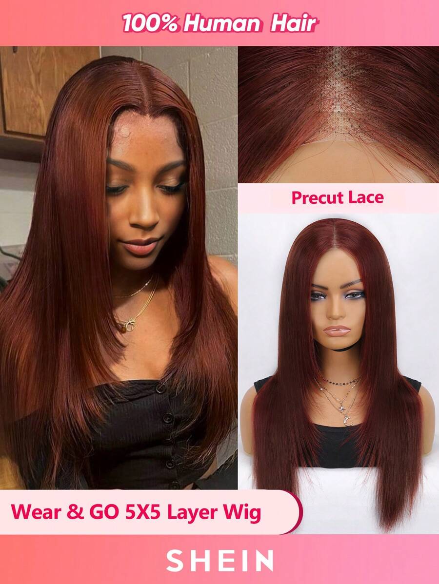 Reddish Brown Color Wear & Go 5x5 Pre Cut Lace Glueless Silky Straight Closure Wig With Face ...