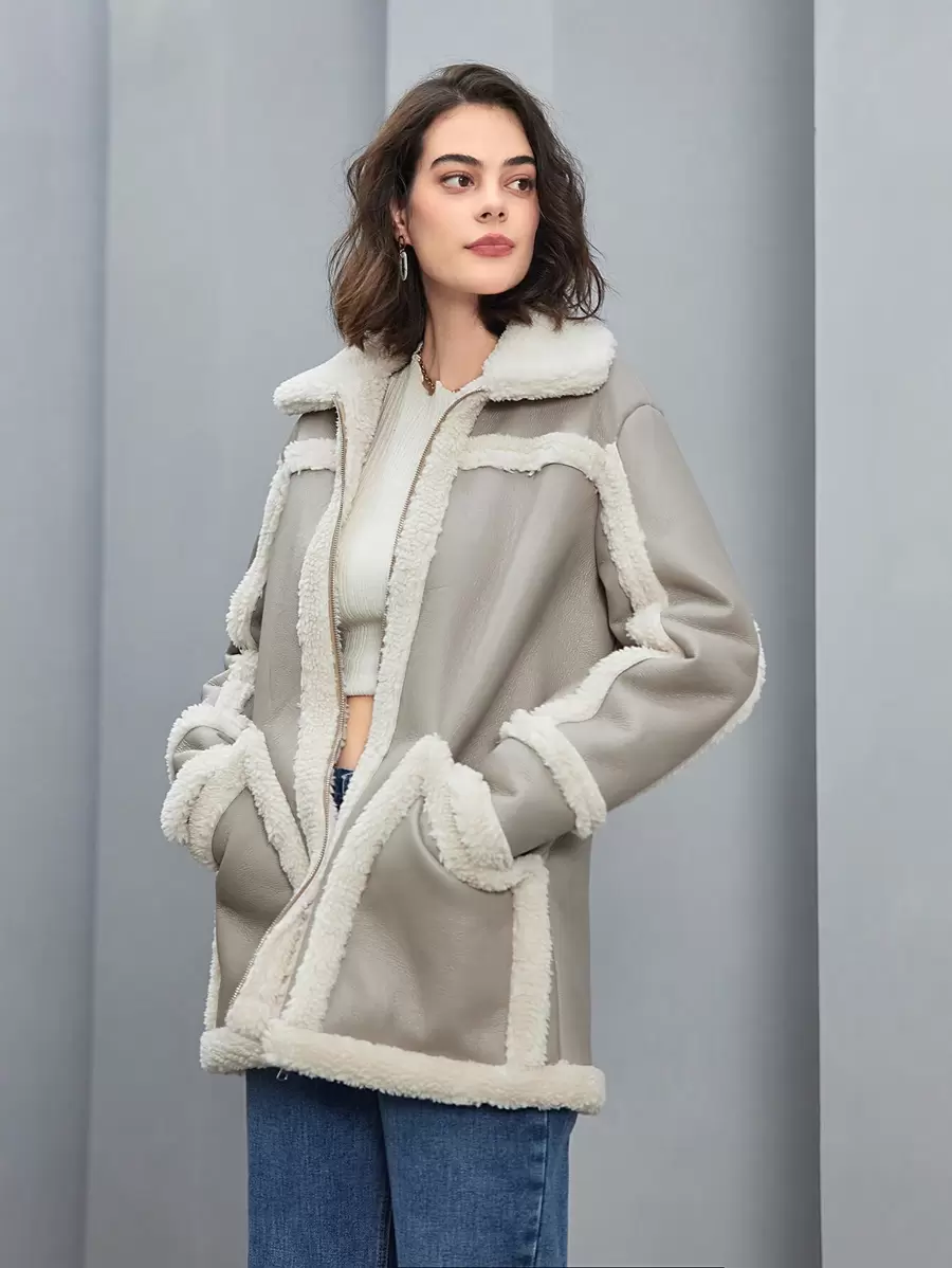 Anewsta Fuzzy-trimmed Zipper Front Jacket With Double Pockets | SHEIN USA