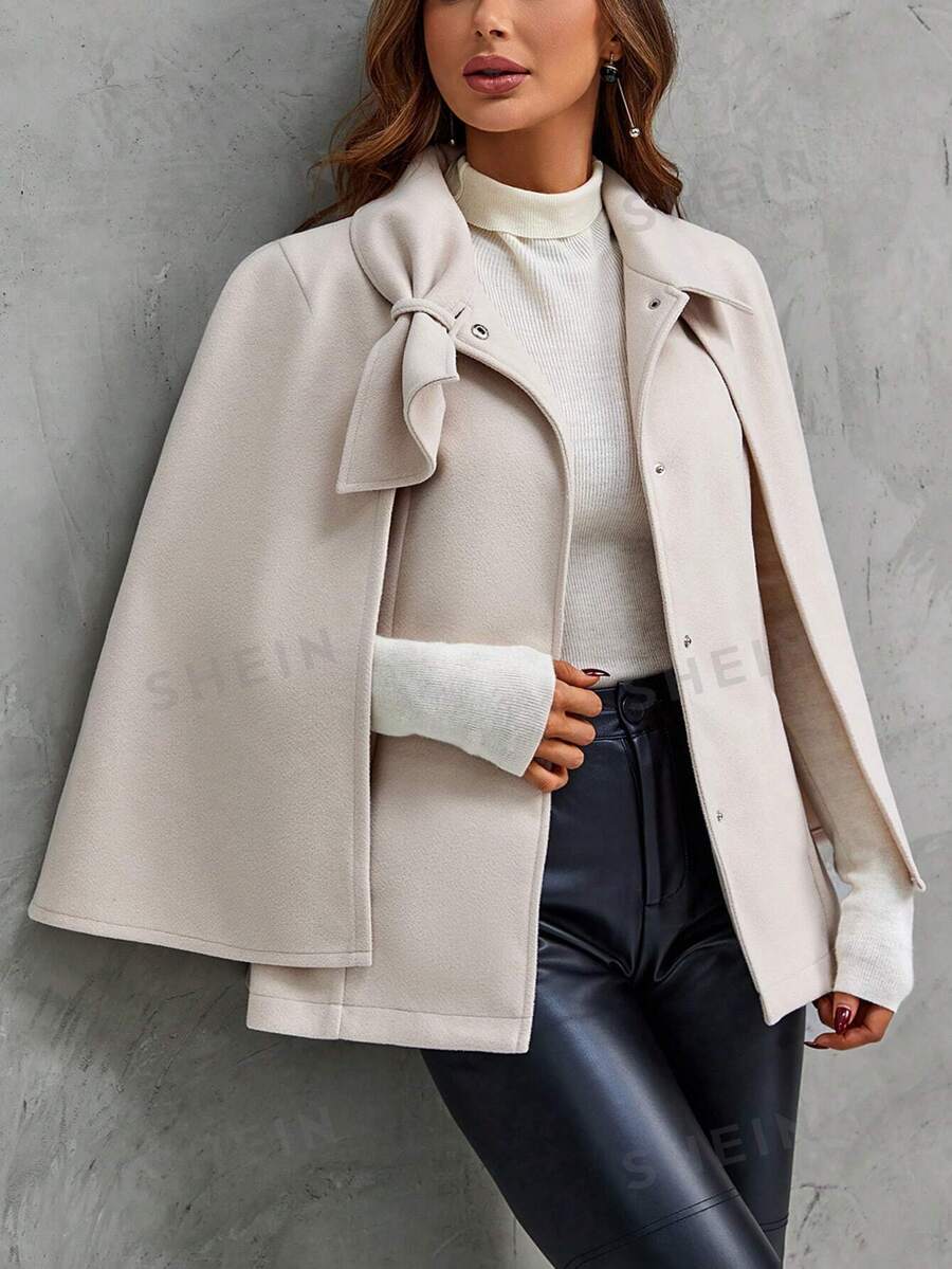 SHEIN Frenchy Plus Size Cape Coat With Bow Decoration, Made Of Woolen ...