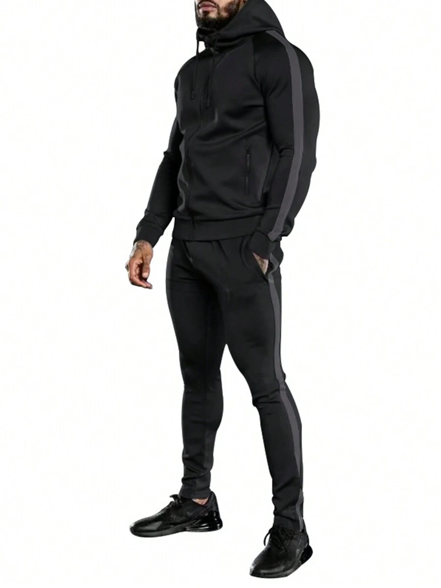 SHEIN Fitness Men's Side Stripe Colorblock Hooded Sportswear Set ...