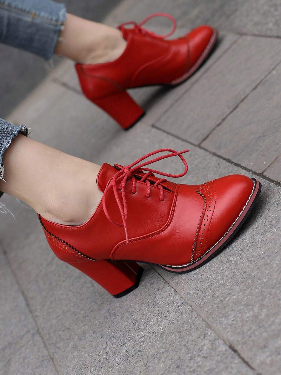 Red Block Heel Lace-Up Pu Shoes For Four Seasons | SHEIN USA