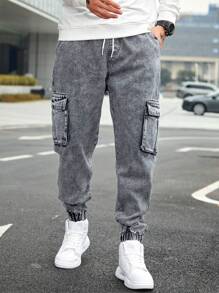 Manfinity Homme Men's Drawstring Waist Cargo Denim Pants With Slanted ...