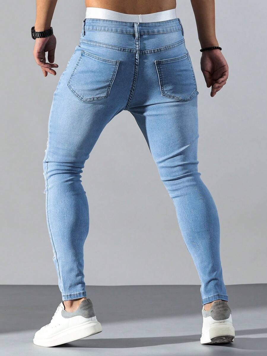 Manfinity Legnd Men Cotton Ripped Skinny Plain Slim Fit Long Light Blue