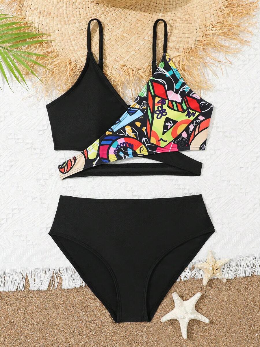 Conjunto De Traje De Baño Con Empalme Y Estampado De Grafiti Para Niñas ...