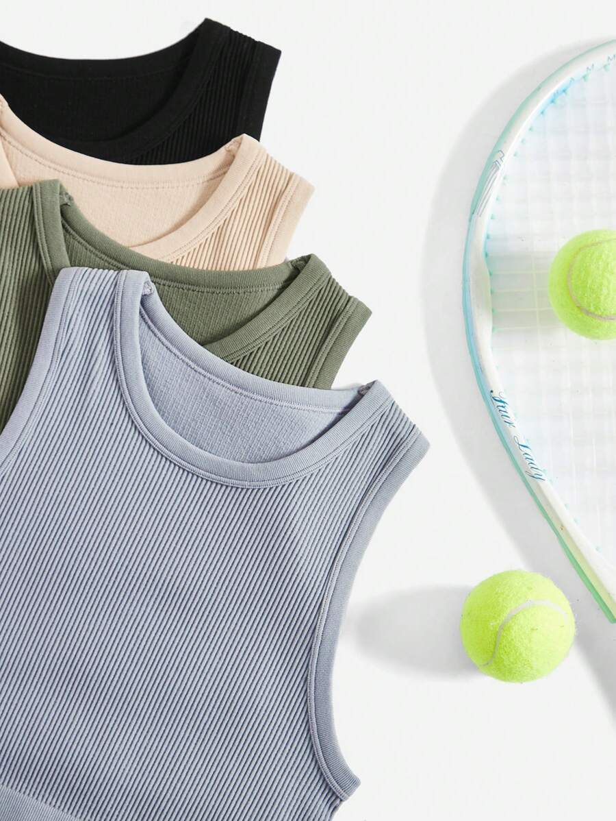 SHEIN Tennis Basic Solid Fine Rib Knit Sports Tank Top Gym Top Fitted ...