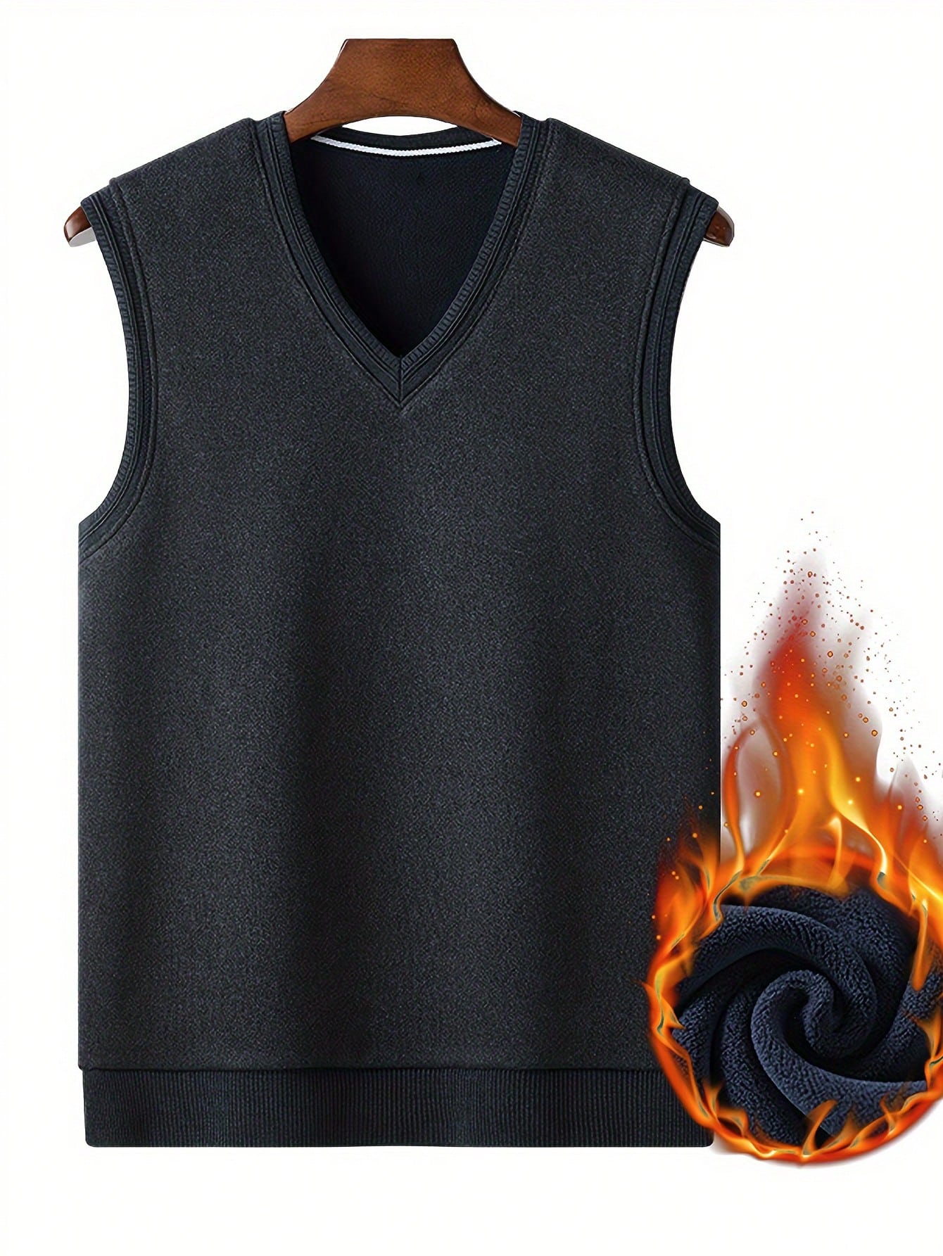 Men's Classic Solid Color V-neck Knitted Sweater Vest, Fleece Lined ...