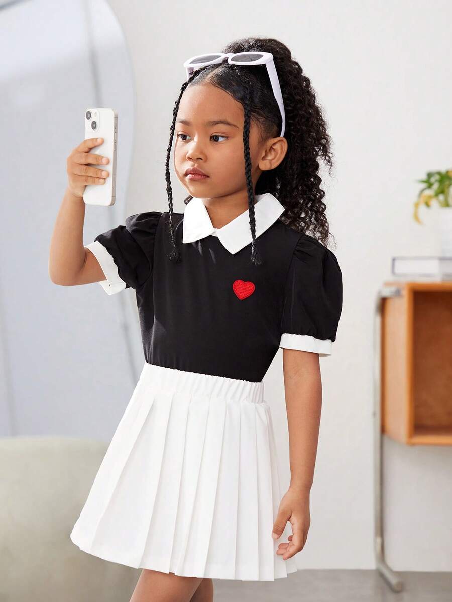 SHEIN Kids FANZEY เด็กผู้หญิง เสื้อเชิ้ต เล็ก บล็อคสี แขนพอง พร้อม เย็บ ...