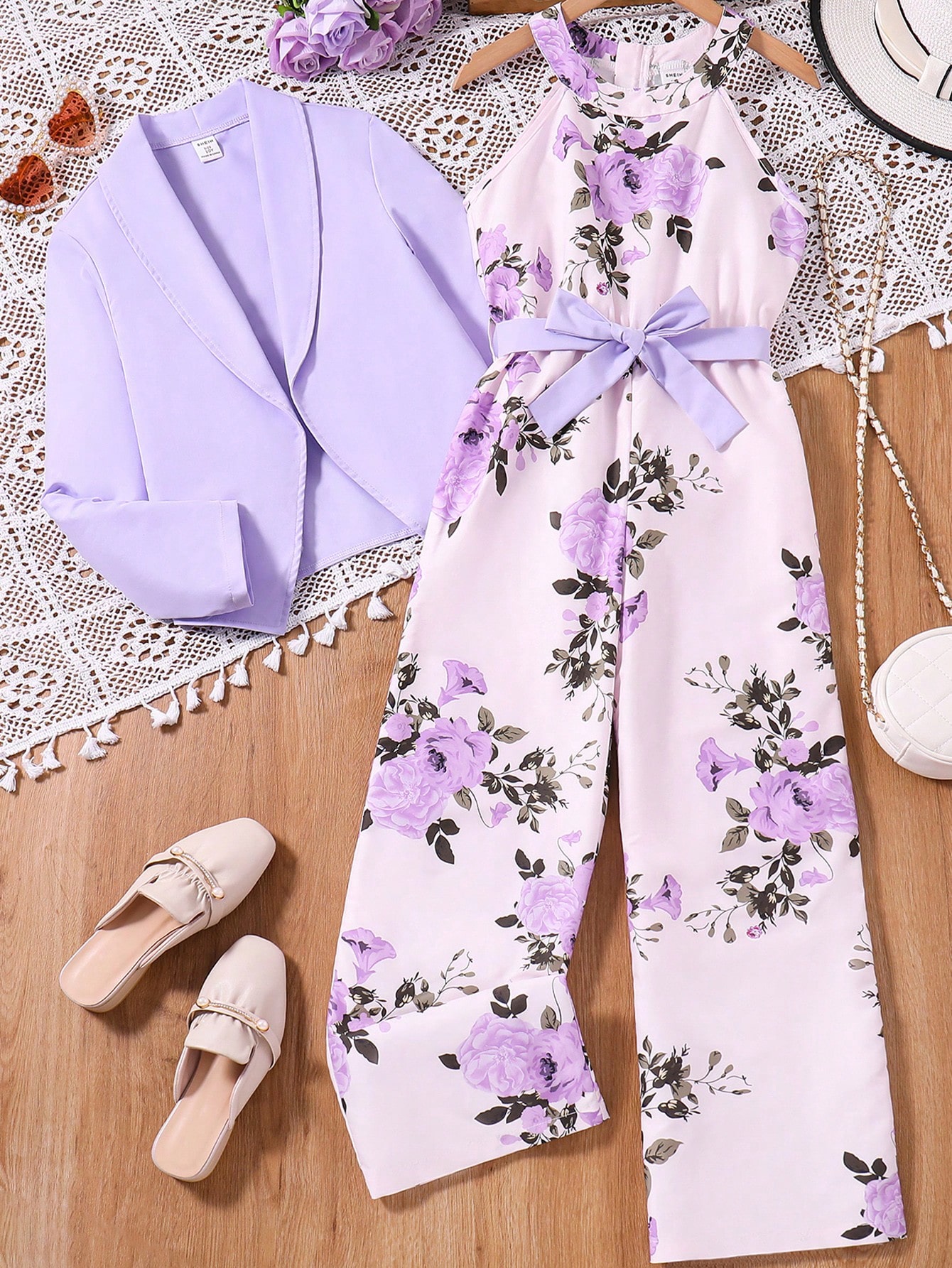 SHEIN Tween Girls Shawl Collar Blazer Jacket And Floral Print Jumpsuit ...