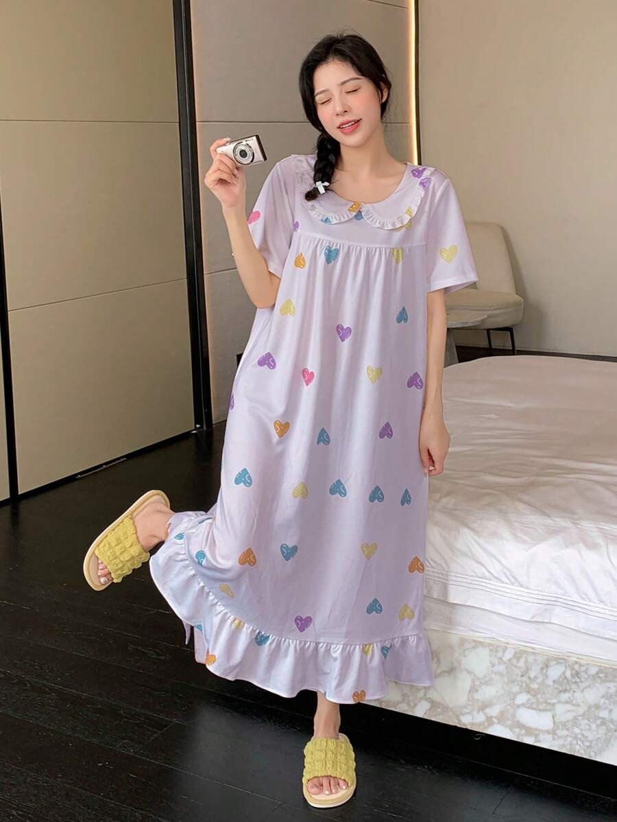DAZY Women'S Heart Print Ruffled Peter Pan Collar Nightgown | SHEIN USA