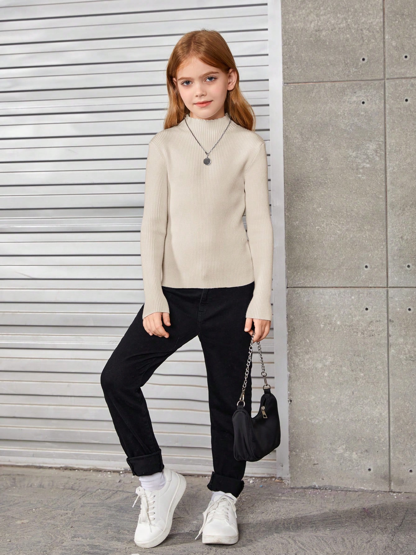 SHEIN Tween Girl Elegant Slim Fit Classic Pullover Sweater With Half High Neck, Long Sleeve ...